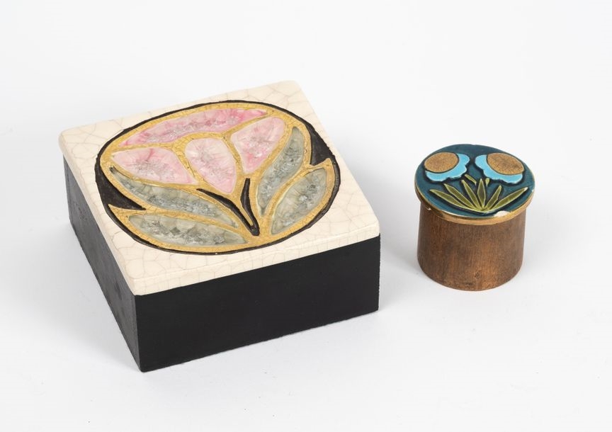 Mithé Espelt | A small round box, the lid in blue, green and gold ...