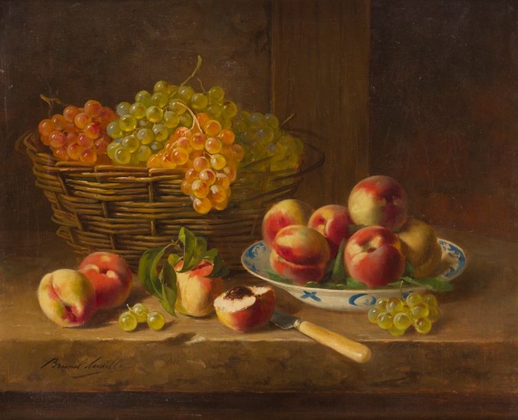 Arthur Alfred Brunel de Neuville | Still life with peaches and a basket ...