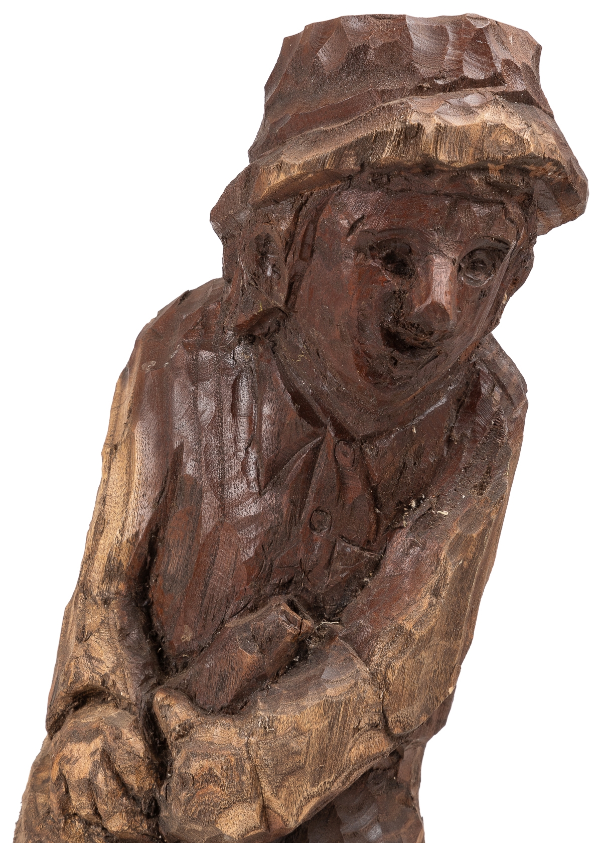 Myra Evans | Carved and Stained Wood Man Clutching a Bottle | MutualArt