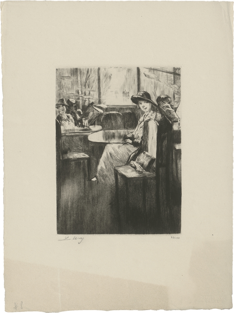 Lesser Ury | Junges Mädchen im Kaffee mit Straßenblick (1924) | MutualArt