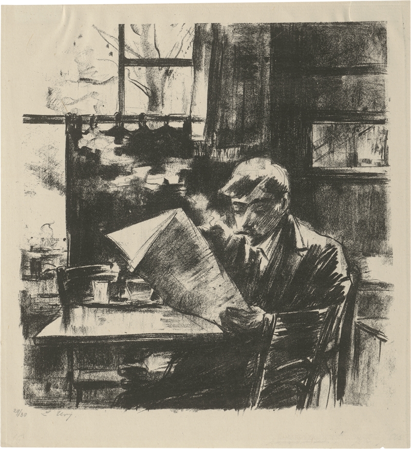 Lesser Ury | Rauchender Zeitungsleser vor zugezogenem Fenstervorhang ...