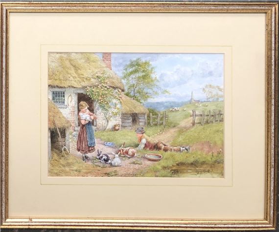Wilfred Knox | farm cottage scene with couple and rabbits | MutualArt