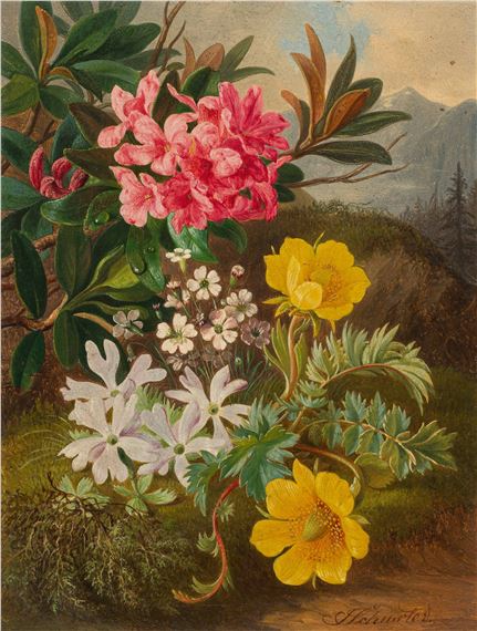 Josef Schuster | Alpine Flowers with Violets and Gentian (1877) | MutualArt