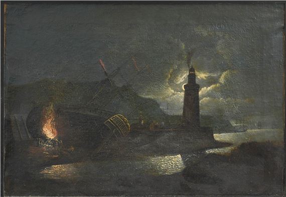 Henry Pether | Ship careened for caulking by moonlight | MutualArt