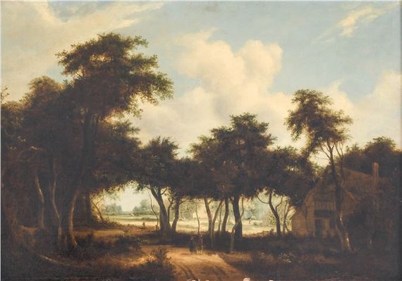 Meindert Hobbema | Cottage with passers-by in a wooded landscape ...