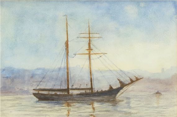 Henry Scott Tuke | A two-masted sailing boat at anchor possibly off ...