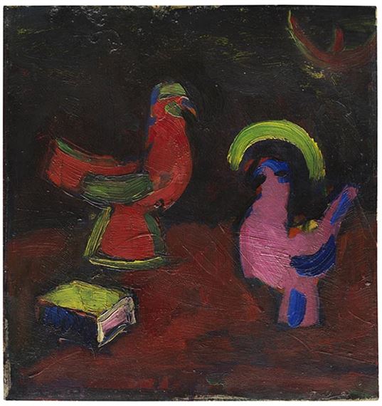 Hermann Stenner | Stillleben mit Tierfiguren und einem Buch (Hahn ...