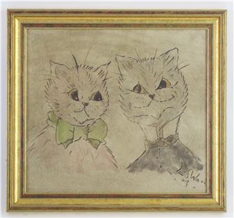 Louis Wain | Louis Wain portrait of two dressed cats | MutualArt