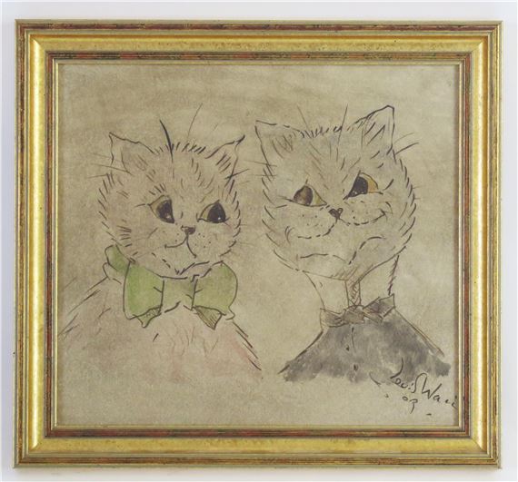 Louis Wain | Louis Wain portrait of two dressed cats | MutualArt