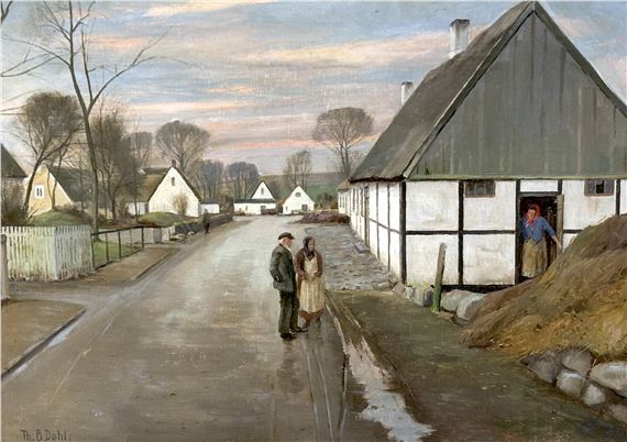 Theodore Bernard Dahl | Street scene with cottages and figures | MutualArt