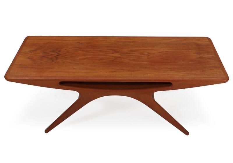 Johannes Andersen | Rectangular teak coffee table with underlying shelf, set on oblique tapering ...