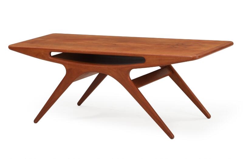 Johannes Andersen | Rectangular teak coffee table with underlying shelf, set on oblique tapering ...