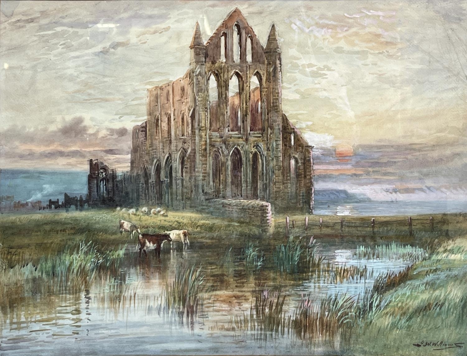 John Wynne Williams | Whitby Abbey with setting sun and cattle watering ...