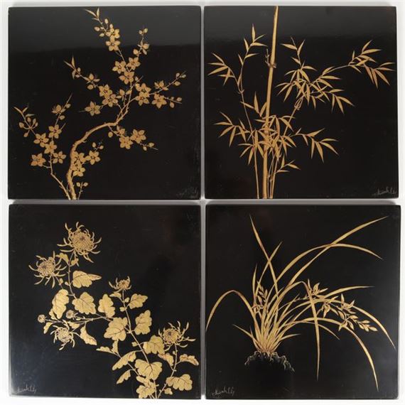 Nguyen Thanh Le | . Suite of 4 black and gold lacquer panels featuring ...