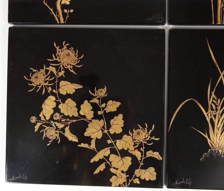 Nguyen Thanh Le | . Suite of 4 black and gold lacquer panels featuring ...