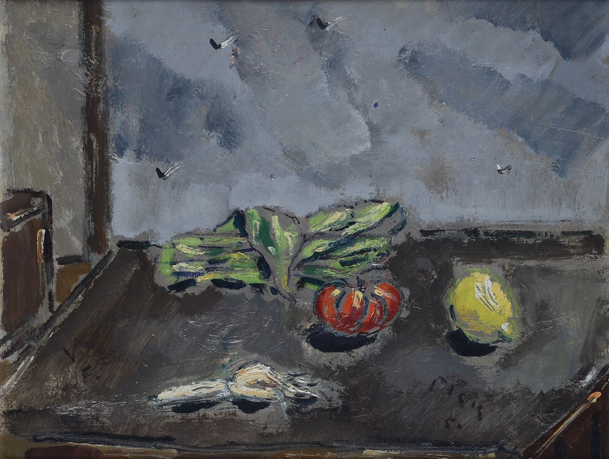 Filippo de Pisis | NATURA MORTA CON PESCE E MELA (1950) | MutualArt