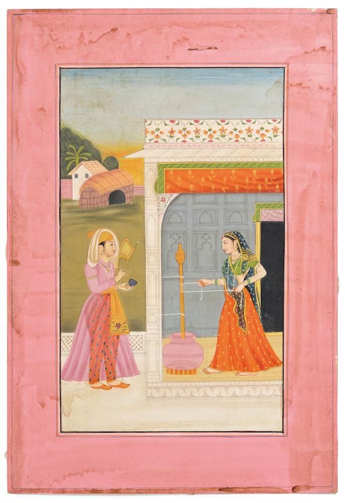 Pahari School, 19th Century | A MINIATURE OF A YOUNG WOMAN CHURNING ...