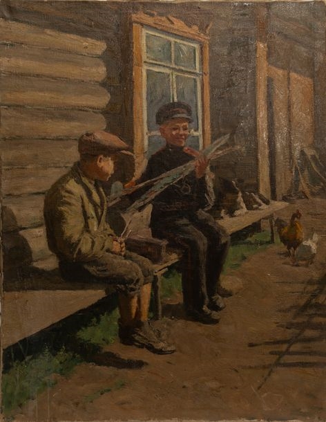 Russian School, 20th Century | 20th century Two boys playing Oil on canvas 90 x 70 cm Русская ...