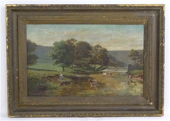 William Frederick Hulk | A landscape scene with cattle watering by a ...
