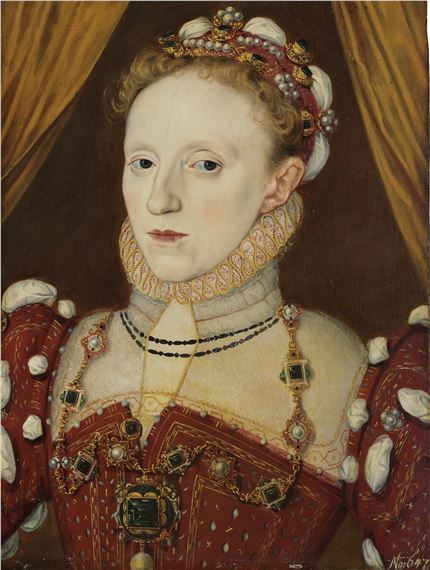 George Gower | Portrait of a lady, half-length, in a dark dress with ...