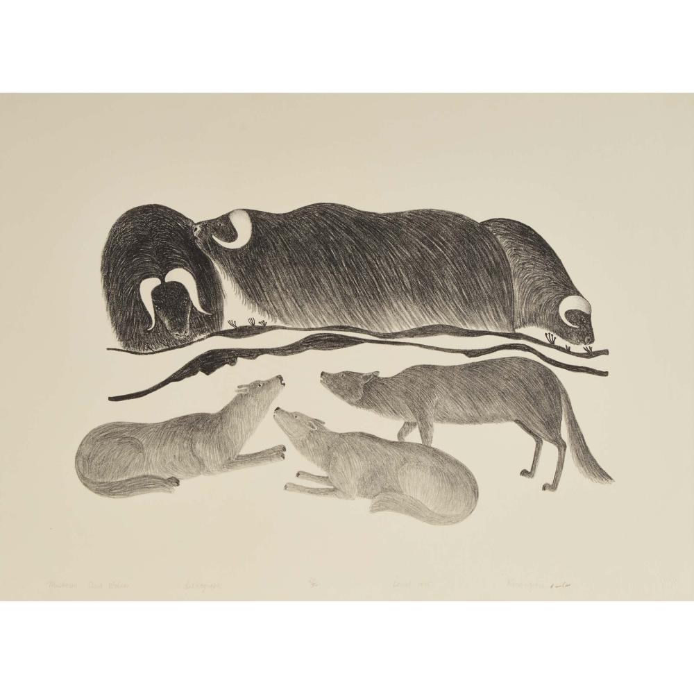 Kananginak Pootoogook | MUSK OXEN AND WOLVES (1975) | MutualArt