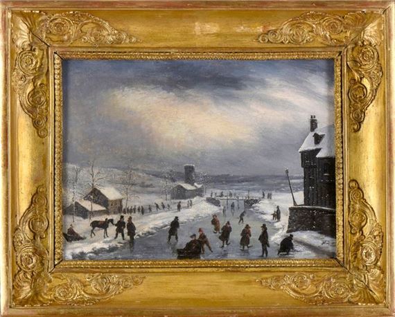 Louis-Claude Malbranche | Skaters and fishermen at a bridge on a frozen ...