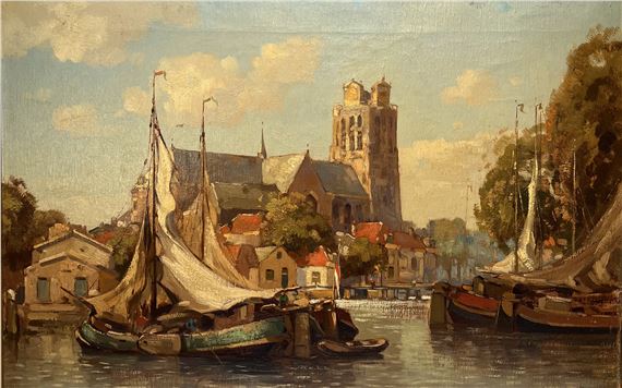 Jan Knikker | Schilderij van een havengezicht met de Grote Kerk van ...