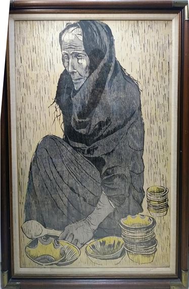 Moshe Gat | WOMAN IN SHAWL WITH SPOON (Circa 1965) | MutualArt