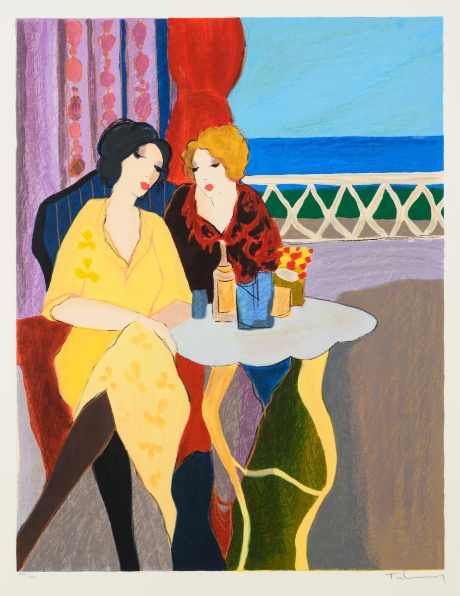 Itzchak Tarkay | Two elegant young ladies in a café by the sea | MutualArt