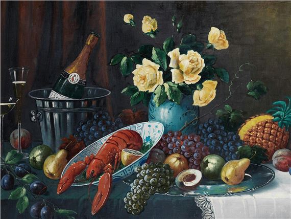 Rudolf Stoitzner | STILLLEBEN MIT HUMMER, SEKT UND FRÜCHTEN | MutualArt