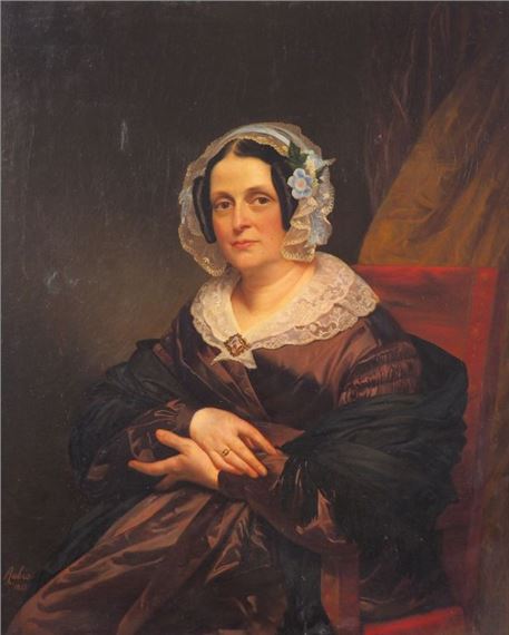 Luigi Rubio | Portrait de dame à la robe de soie parme (1841) | MutualArt