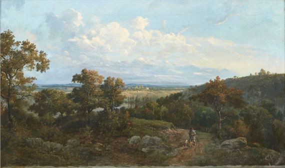 Jean Jean Cornu | Landscape with a hunter and his dogs (1862) | MutualArt