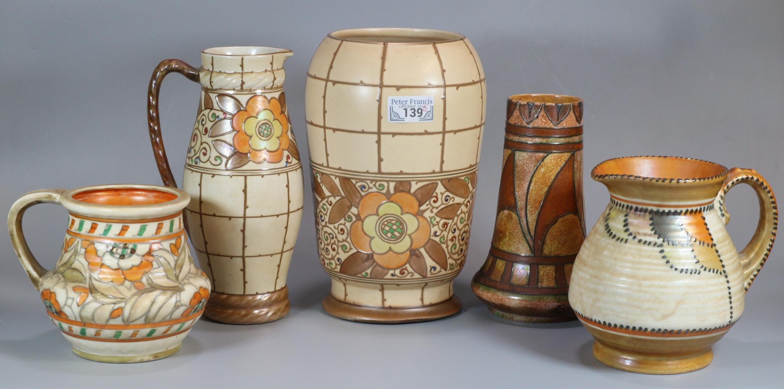 Charlotte Rhead | Collection of Art Deco Charlotte Rhead pottery jugs ...