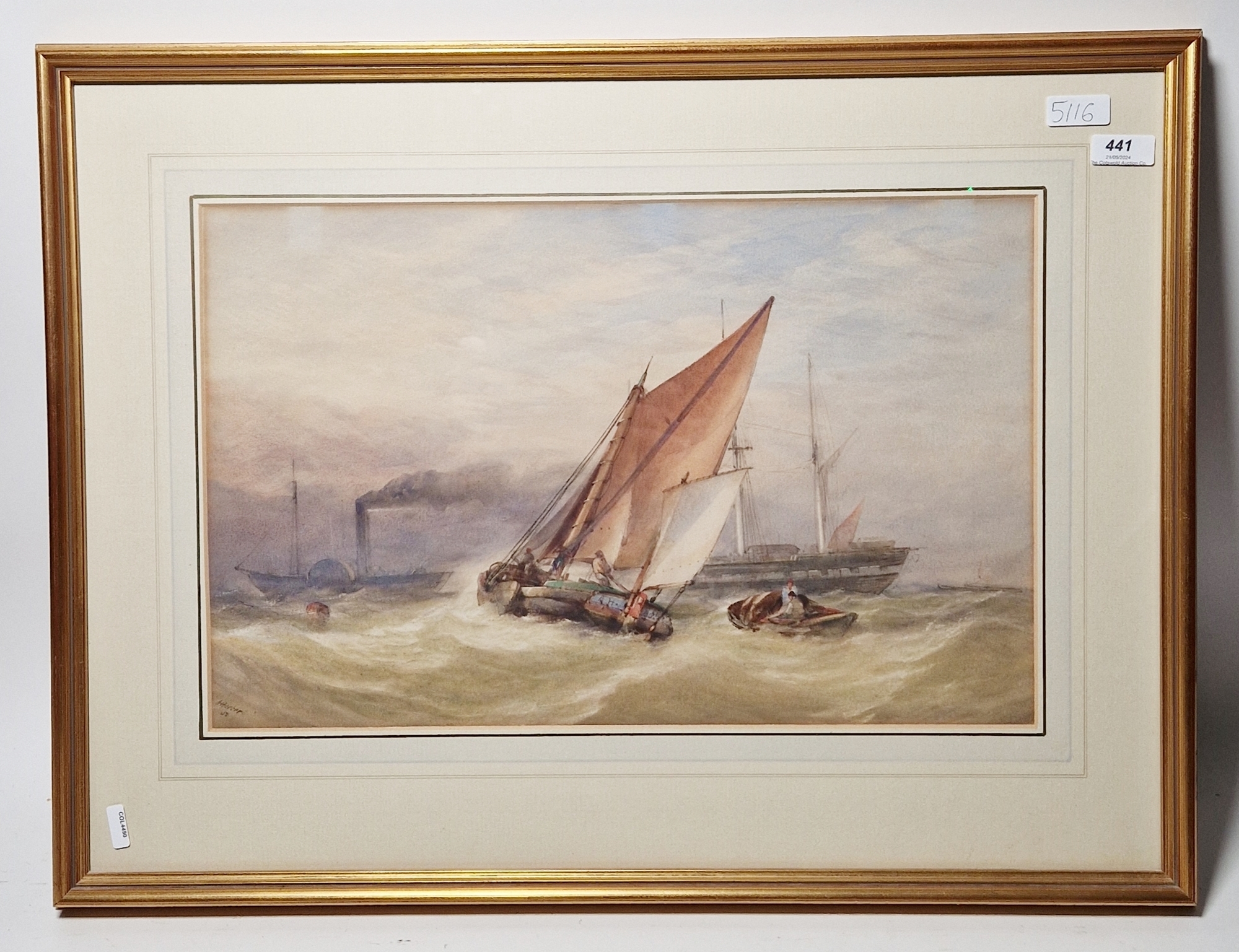 Alfred Herbert | Seascape with steamship towing a barque (1852) | MutualArt