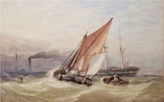 Alfred Herbert | Seascape with steamship towing a barque (1852) | MutualArt