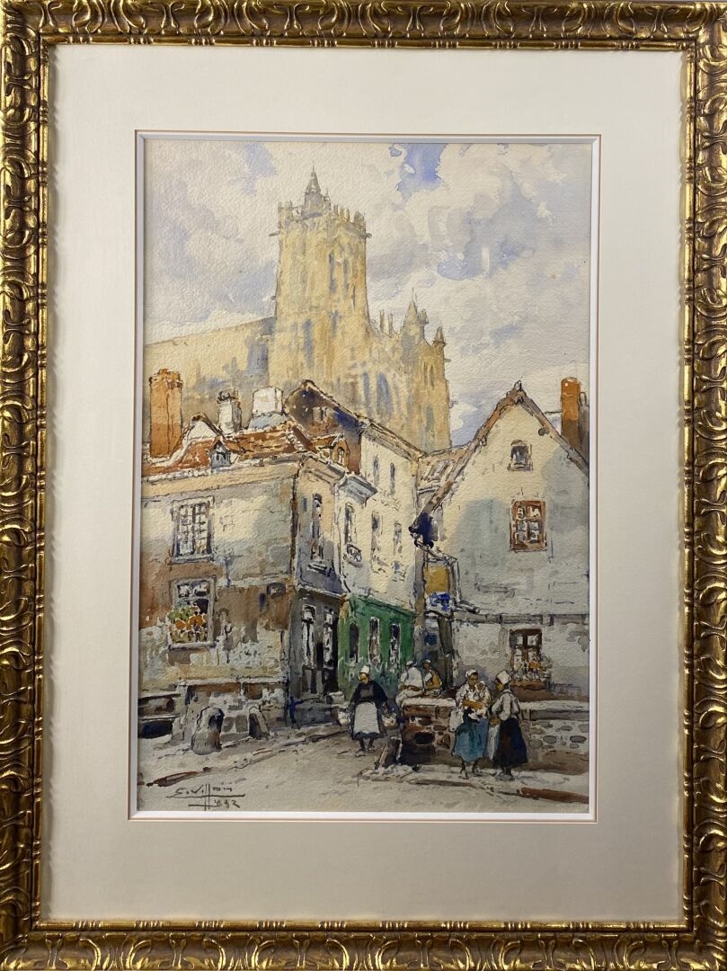 Eugène Villon | Eugène VILLON (1879-1951) Vue de la cathédrale de Rouen ? Aquarelle et crayon ...