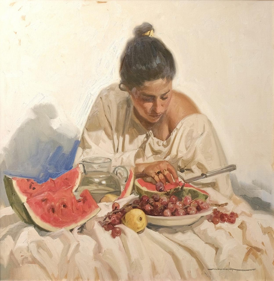 José María Menacho | Retrato femenino con bodegón de frutas | MutualArt