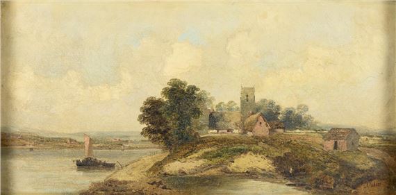 Alfred Vickers | River landscape with village and fishing boat | MutualArt
