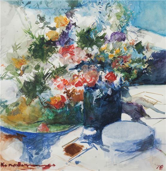 Kees Verwey | A still life with flowers in a green glass vase | MutualArt