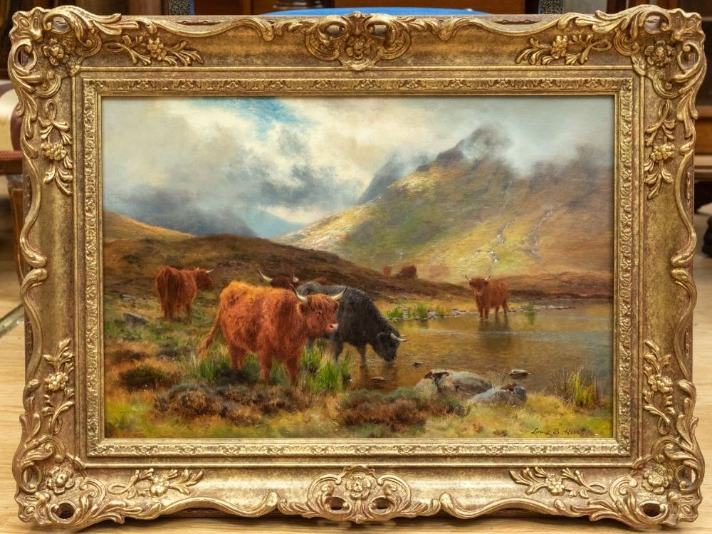Louis B. Hurt | Louis B Hunt (1856-1929) Highland Cattle by lake oil on ...