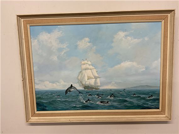 John Hewitt | coastal landscape with billowing masted vessel at sea ...