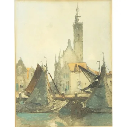 Willem Alexander Knip | Gezicht op het stadhuis van Veere vanaf de Kaai | MutualArt