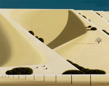 Eyvind Earle | Red Barns and Tall Trees Casting Shadows in a Snow ...