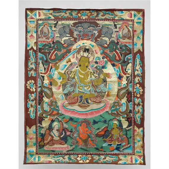 Tibetan School | Manjushri, Thangka tibetano antiguo pintado y dorado ...