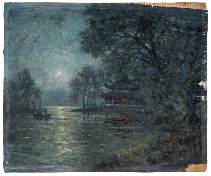 Yan Wenliang | The Temple at night Oil on panel Signed lower right ...