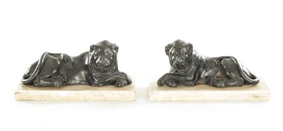 Thomas Hope | A PAIR OF REGENCY PAINTED LEAD RECUMBENT LIONS IN THE ...