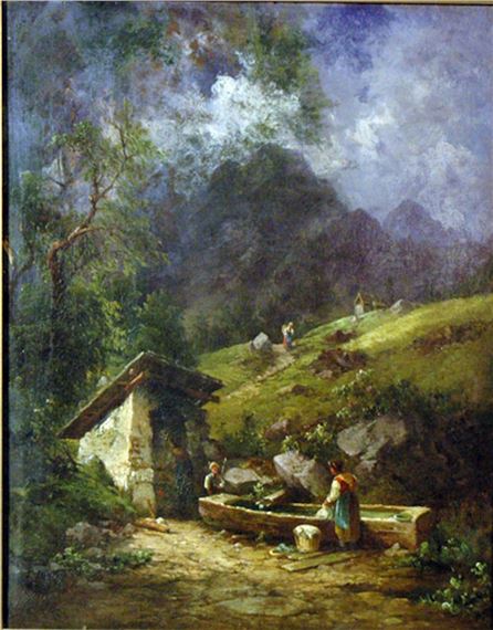 Georg Geyer | house on a hill with someone fixing a boat | MutualArt