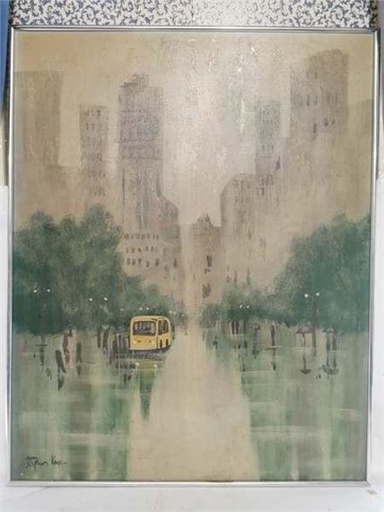 Stephen Kaye | A large oil painting by Stephen Kaye of a city scene ...