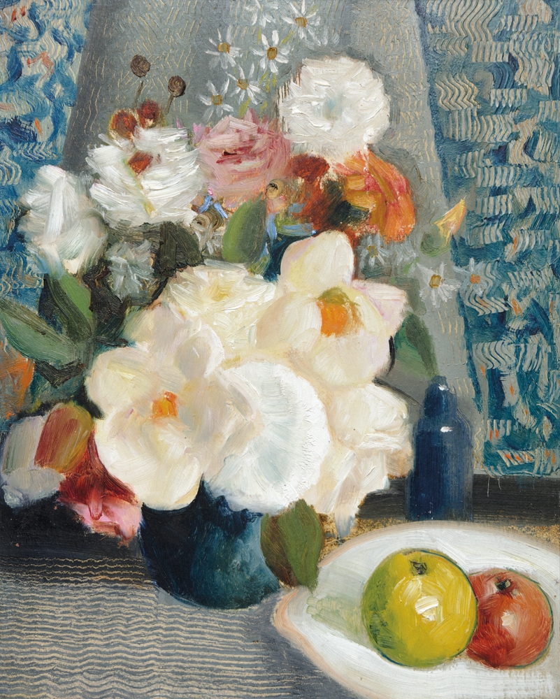 John Weeks | Still Life with White Magnolias, Zinnias & Apples | MutualArt