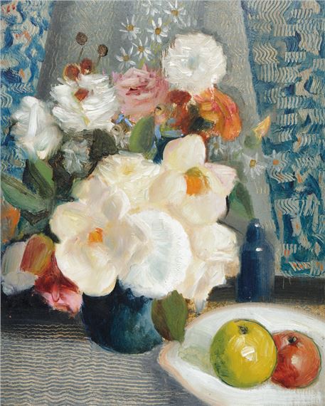 John Weeks | Still Life with White Magnolias, Zinnias & Apples | MutualArt